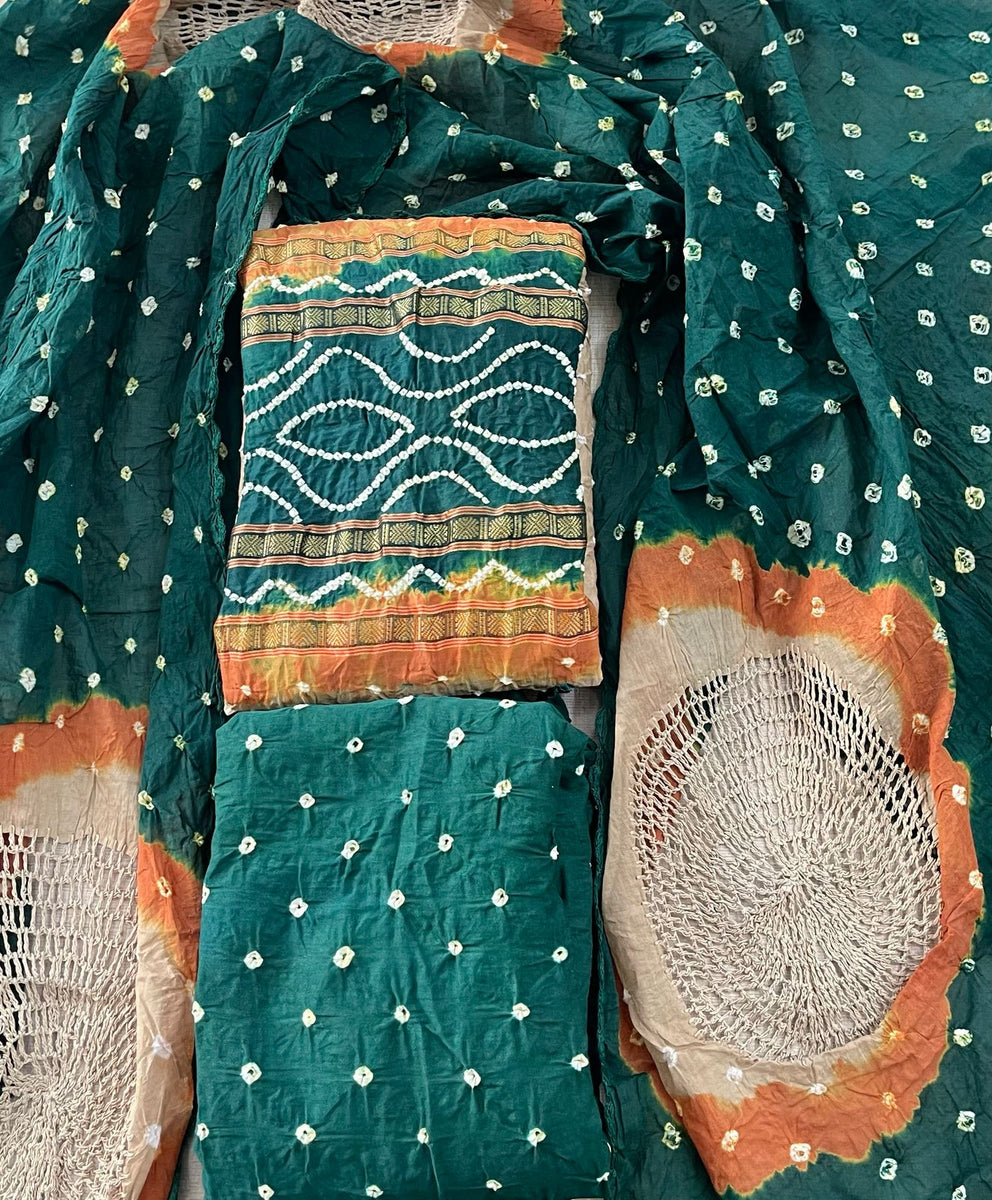 Premium Hand Bandhani Jaam Cotton With Crosiya Dupatta Suit Set ...