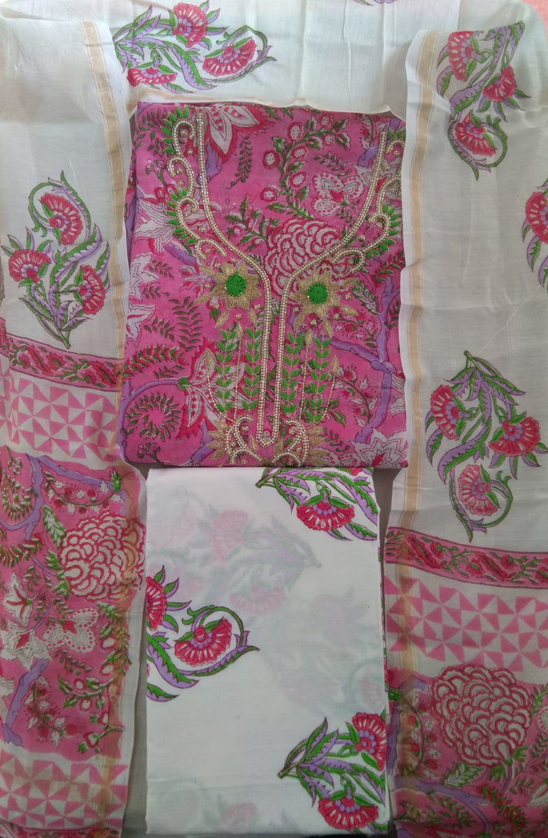 Premium Handblock Printed Chanderi Silk Handwork Suit – Jaipur Saga