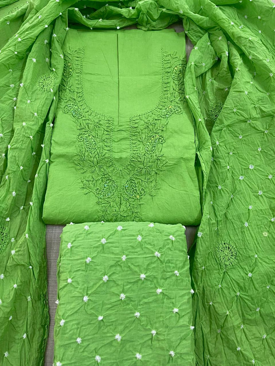 Premium Hand Bandhani Jaam Cotton Chicken Sequence Work With Crosiya D ...