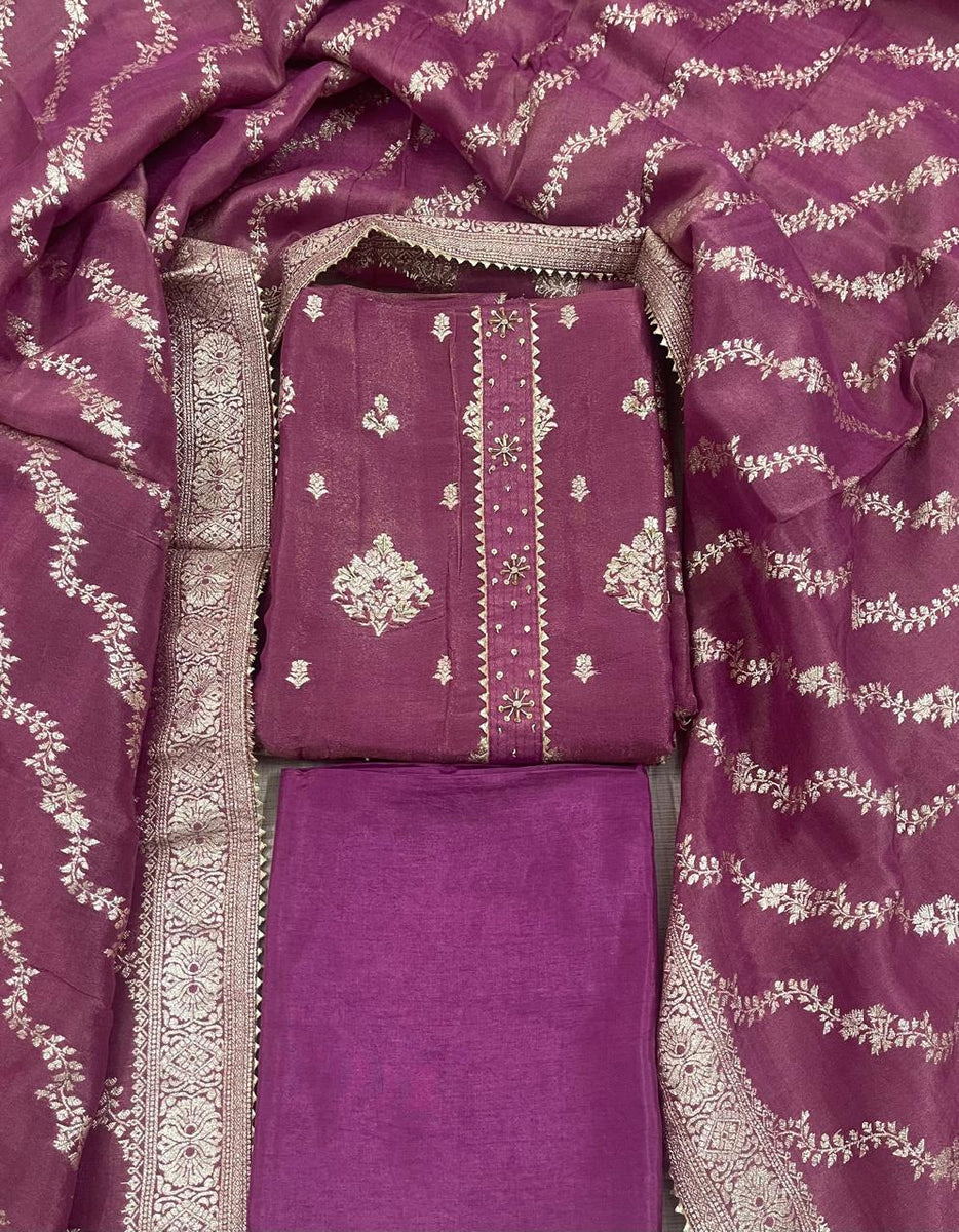 Premium Hand Block Printed Chanderi Slik Hand Work Suit – Jaipur Saga