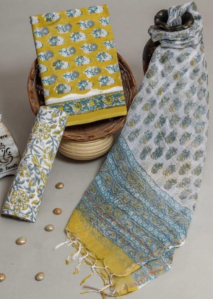 Floral Buti Hand Block Print Pure Cotton Suit Material with Kota Doria ...