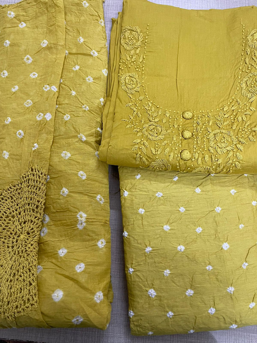 Traditional Hand Bandhani Chicken Work Suit With Crosiya Dupatta ...