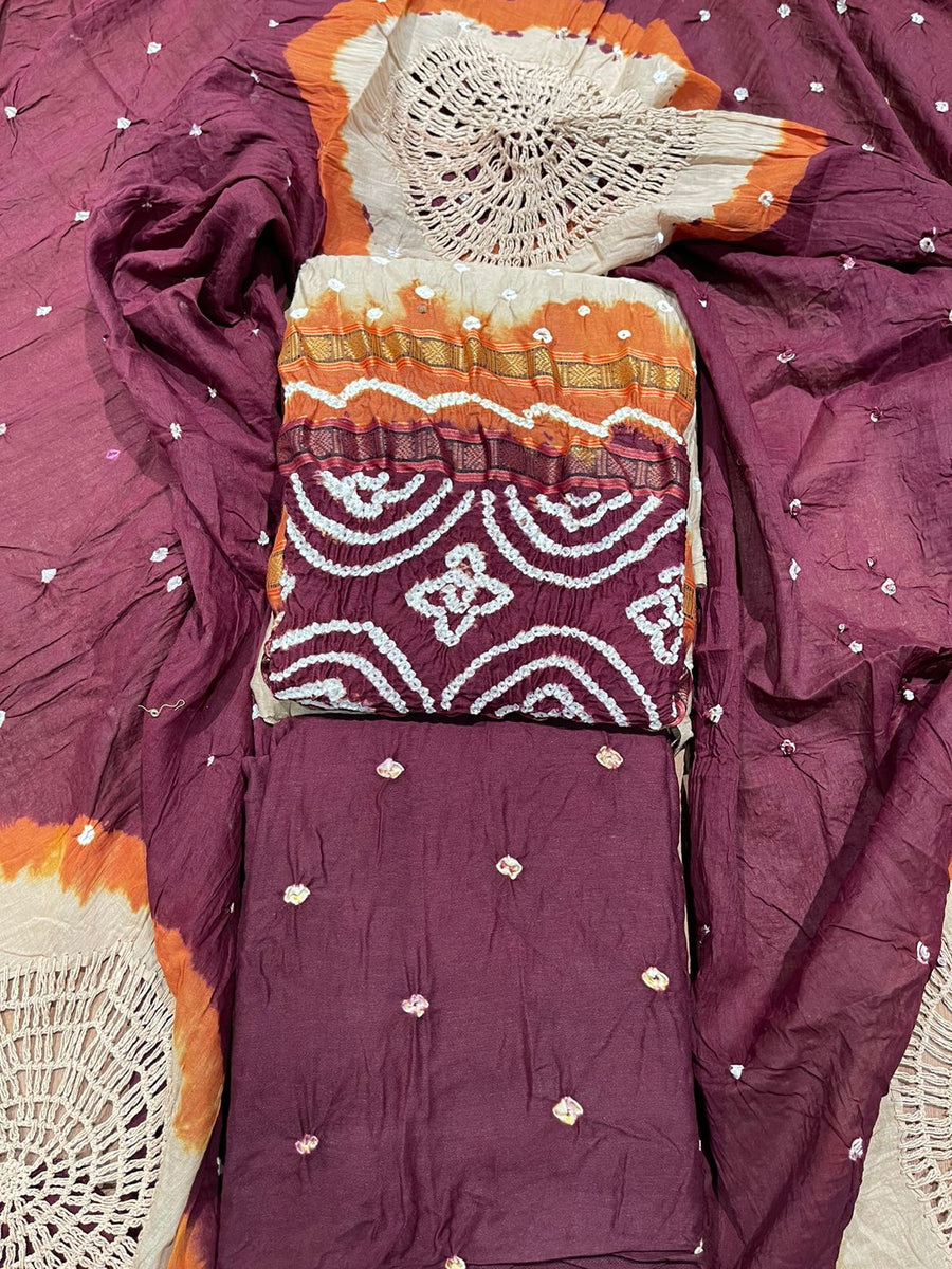 Premium Hand Bandhani Jaam Cotton With Crosiya Dupatta Suit Set ...