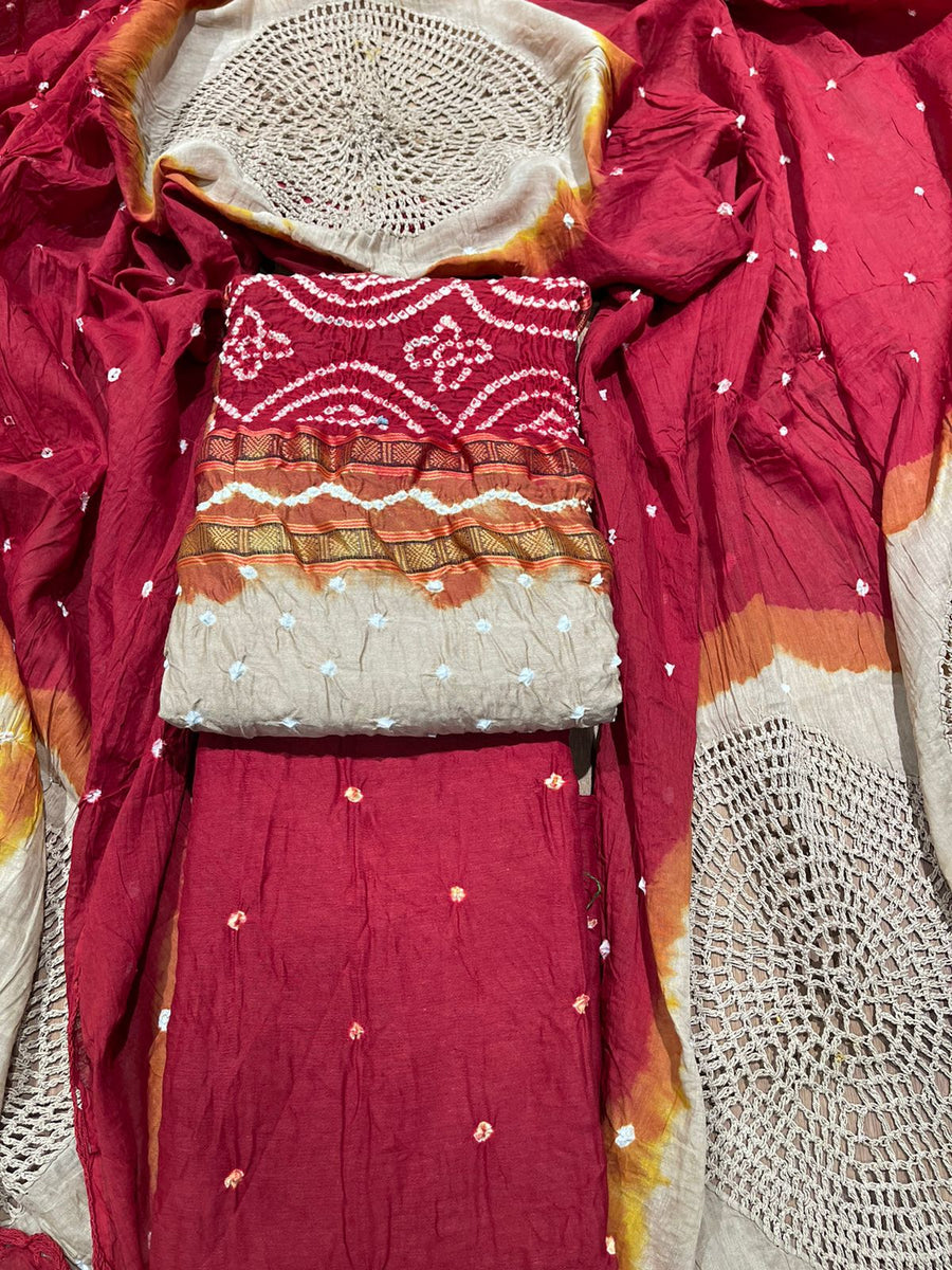 Premium Hand Bandhani Jaam Cotton With Crosiya Dupatta Suit Set ...