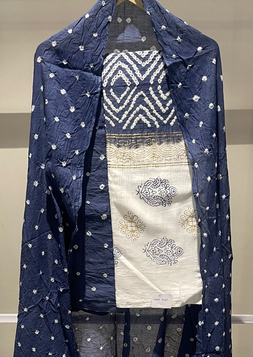 Premium White Panel Hand Bandhani Suit Set – Jaipur Saga