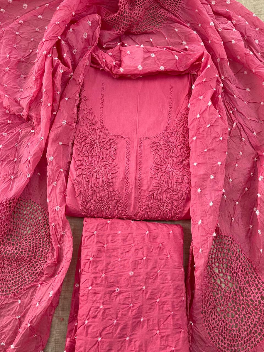 Premium Hand Bandhani Jaam Cotton Chicken Work With Crosiya Dupatta Su ...