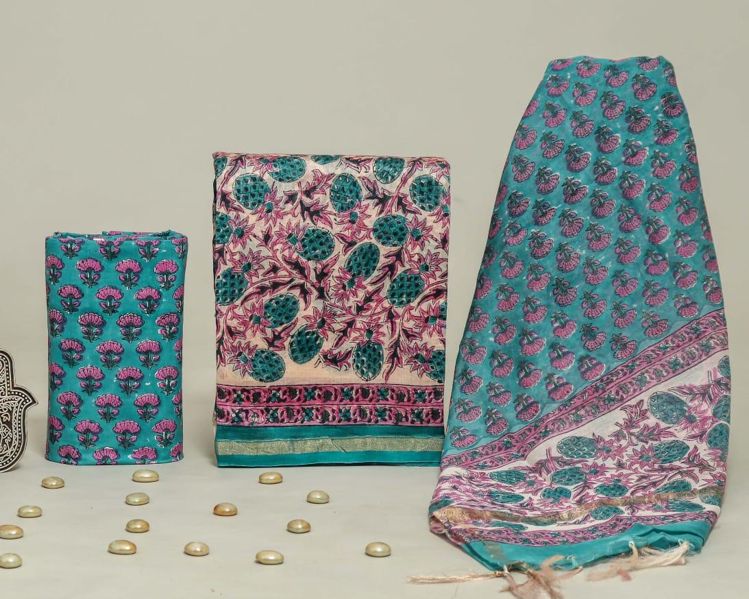 Premium Hand Block Print Chanderi Silk Suit Set – Jaipur Saga